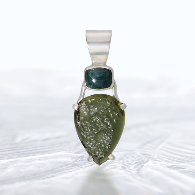 Blue Tourmaline & Genuine Moldavite Pendant – Arkadia Designs